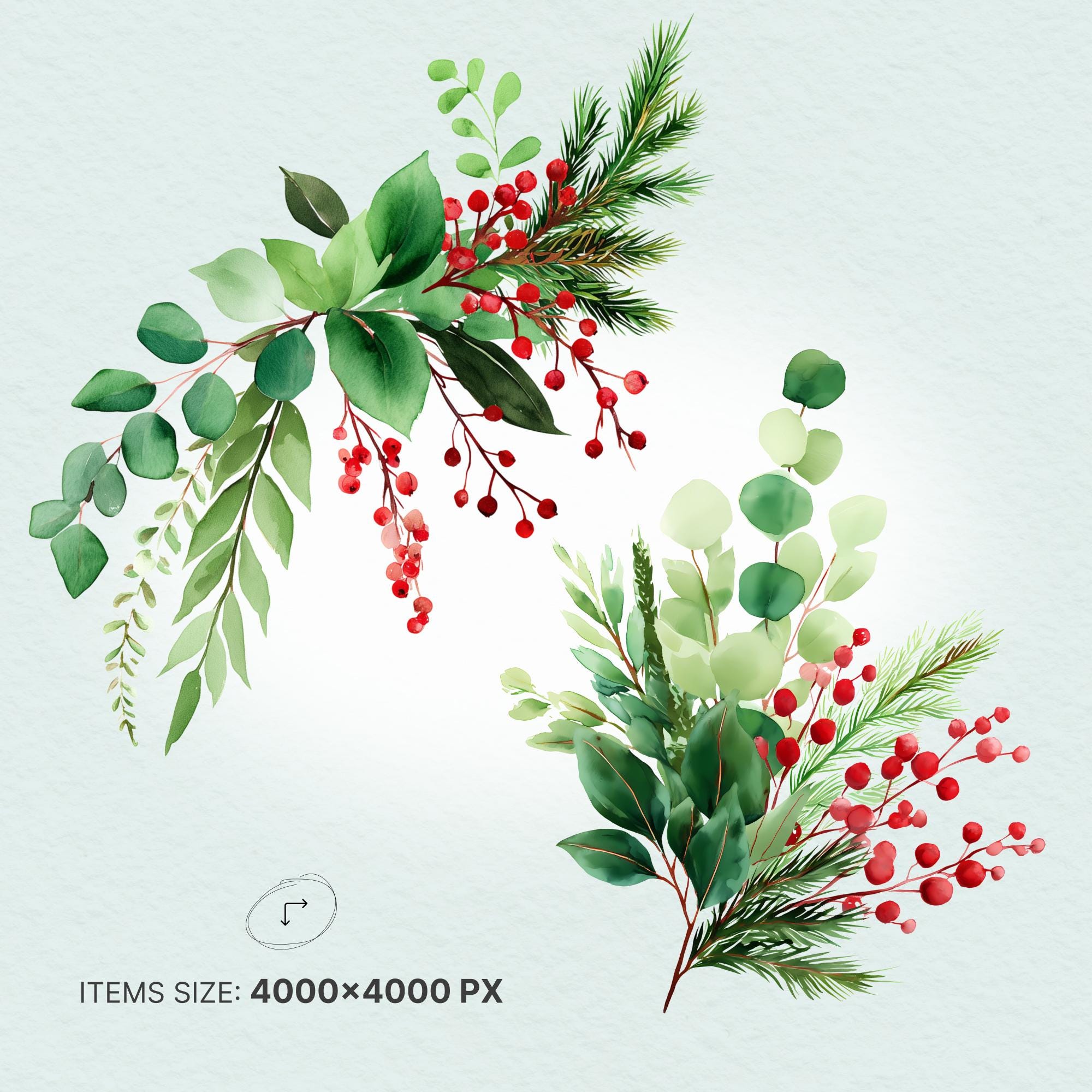 Christmas Botanical Watercolor Clipart | Winter Greenery Elements | 36 ...