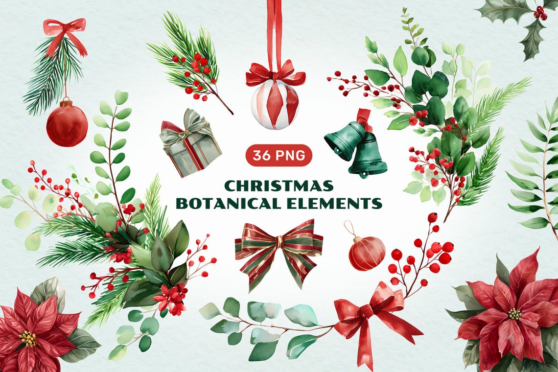 Christmas Botanical Watercolor Clipart | Winter Greenery Elements | 36 ...