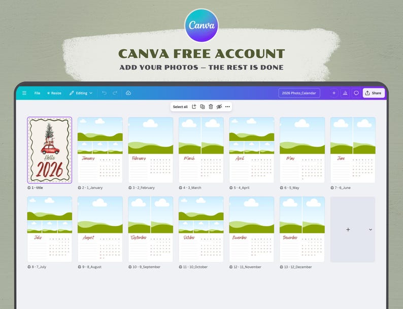 Custom Photo Calendar 2026, Canva Template, 12 Month Calendar With ...