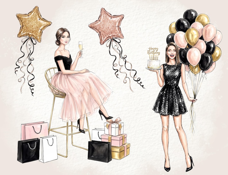 Glam Birthday Party Clipart, Watercolor Celebration Clipart Bundle ...