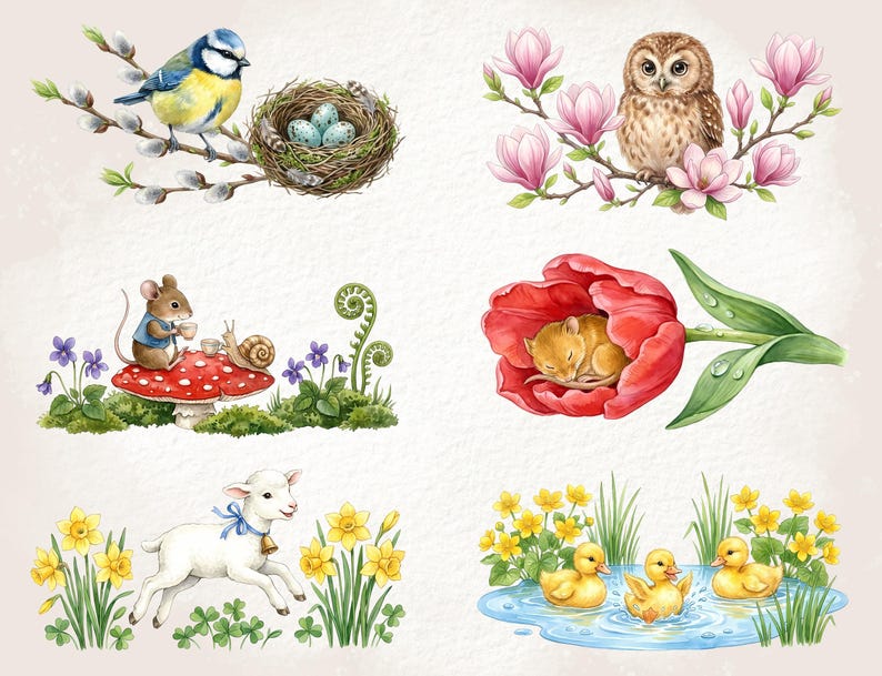 Spring Animals Watercolor Clipart Bundle, Floral Frames, Woodland ...