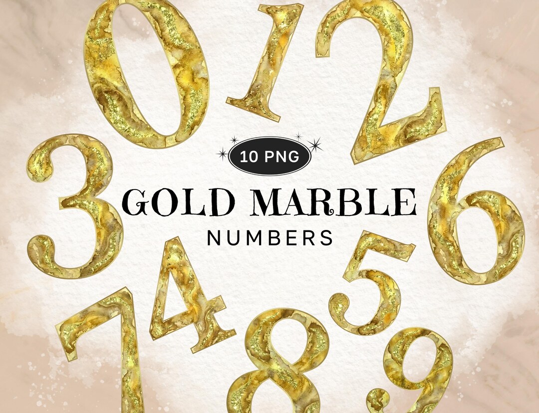 Gold Marble Numbers Clipart, Watercolor Glitter Digits 0-9, Gold Table ...