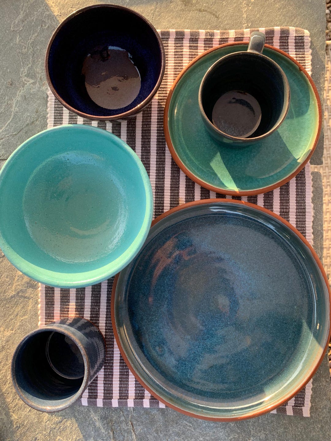 Himalayan Pottery Dinner Set Plates Bowls Cups | Blue Green Glazed ...