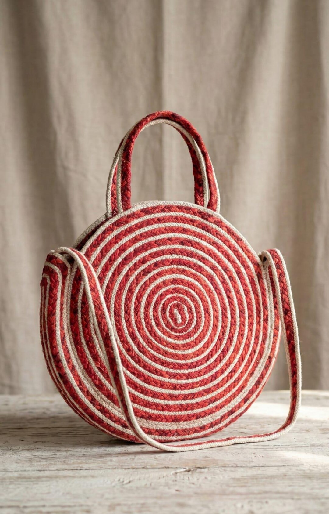 Red & Natural Round Jute Bag , Woven Spiral Boho Crossbody , Braided ...
