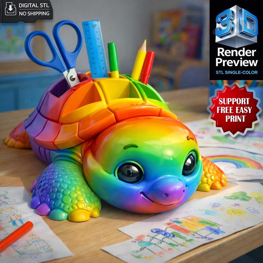 Kids Turtle Desk Organizer STL | Pencil Holder for Children Creativity ...
