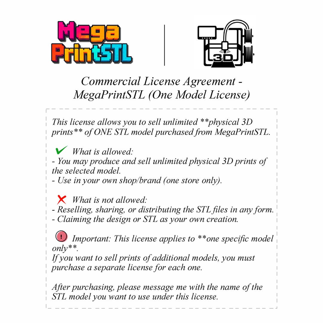 Commercial License – Single Model 3D Printing Rights | Megaprintstl ...