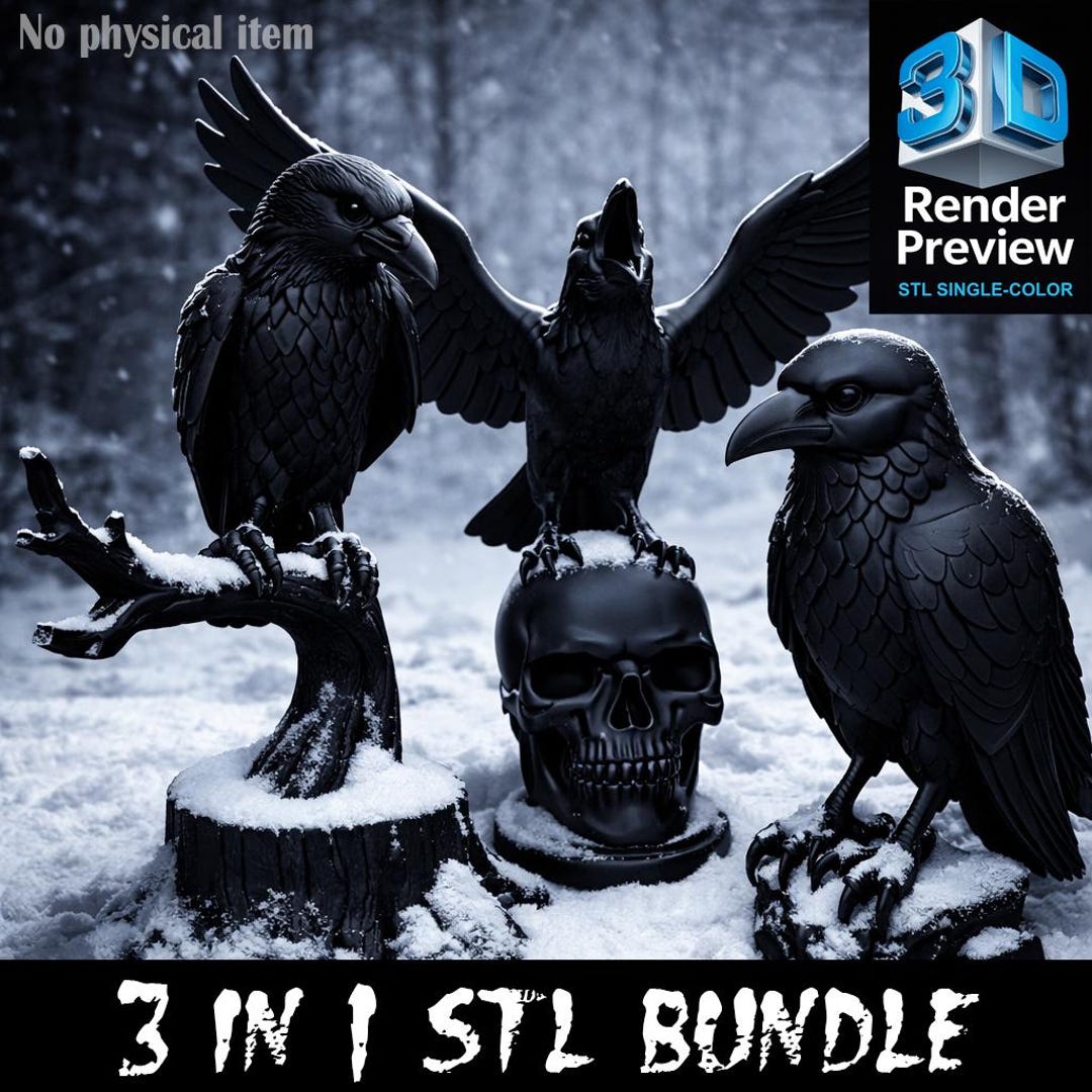 Raven Statue STL Bundle 3 in 1 | Gothic Raven Sculptures | Dark Bird ...