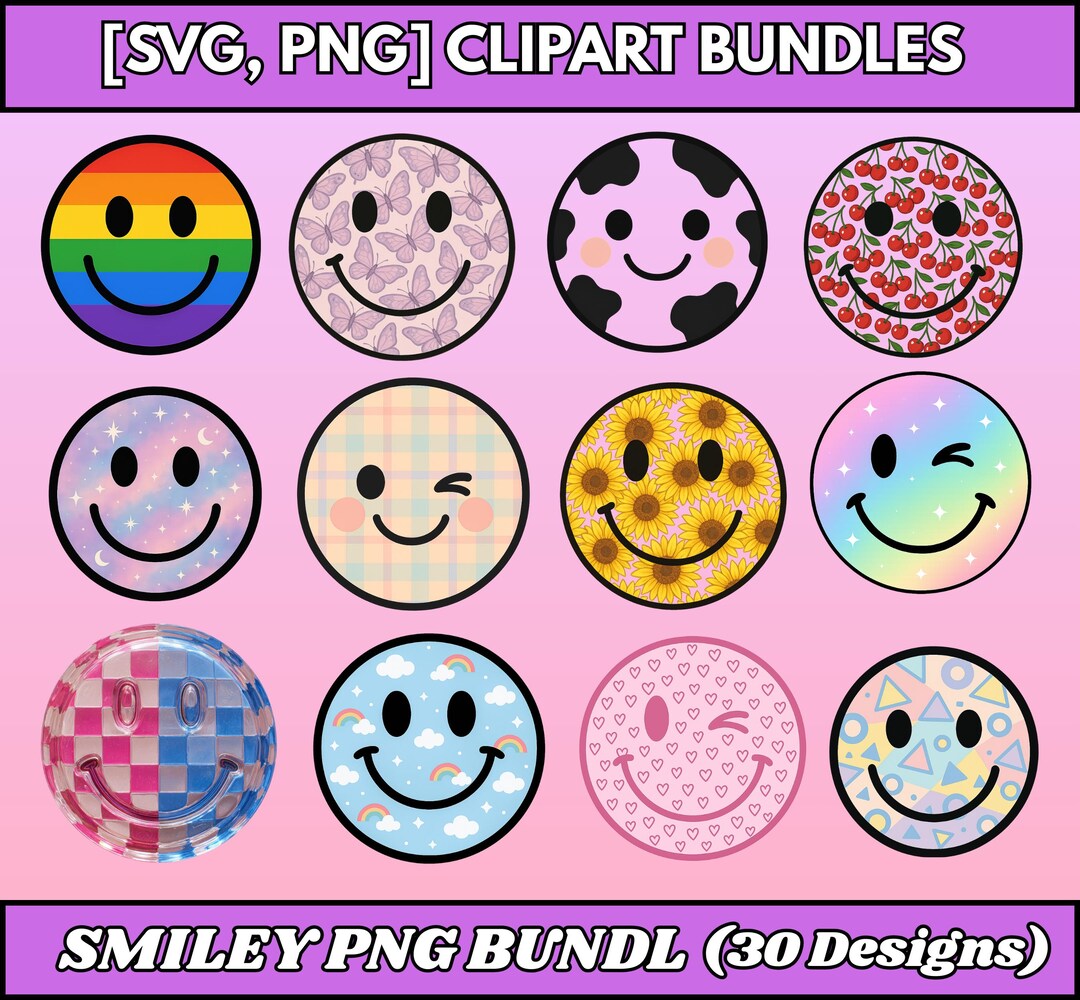 Retro Smiley Face PNG Bundle: Distressed, Checkered, Daisy Designs - Etsy
