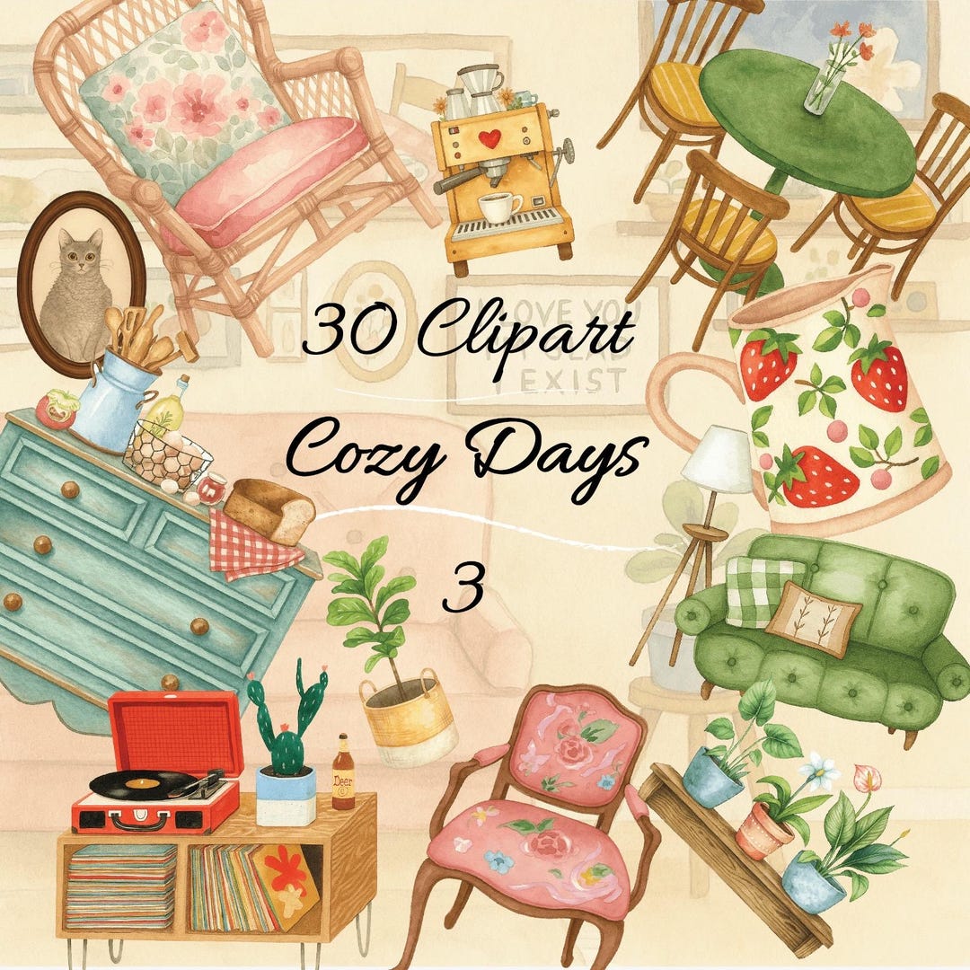 Cozy Home Clipart, Sticker , Bed, Home, House, Furniture, Vase, Table ...