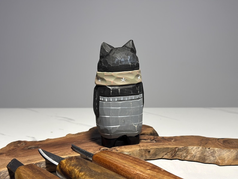 Rustic Wooden Cat Figurine • Hand Painted Cat Ornament • Folk Art Home ...