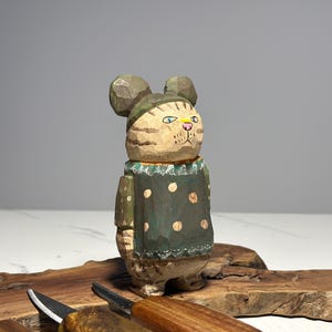 Folk Art Wooden Cat • Hand Painted Wood Carving • Collectible Cat ...