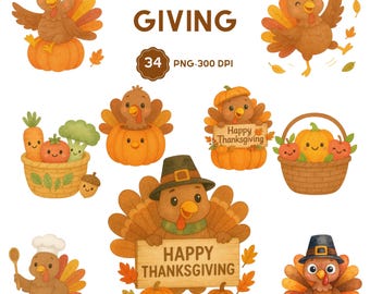 Watercolor Thanksgiving Clipart, Cute Pilgrims, Turkey, Wreath Autumn ...