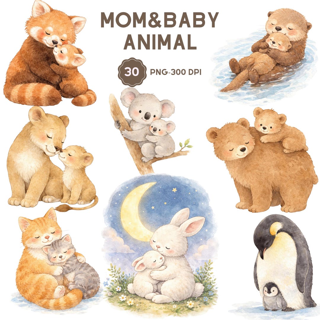 Watercolor Mother and Baby Animals Clipart, Mother's Day (digital ...