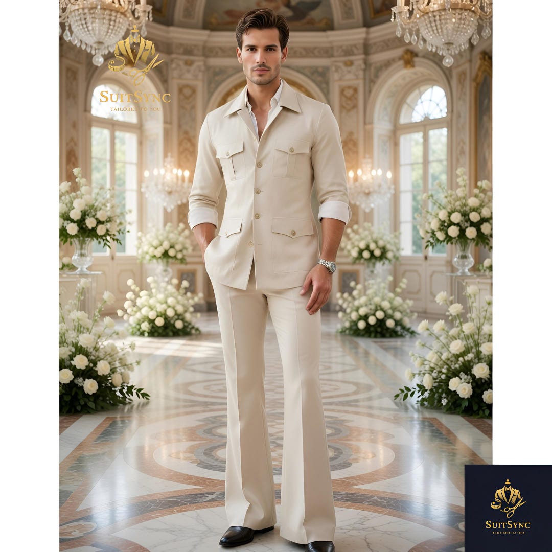 Mens Beige Safari Suit Flared Pants 70s Leisure Suit Retro Anzug Herren ...