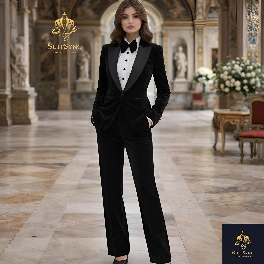 Women Black Velvet Tuxedo Suit Peak Lapel Dinner Jacket Ladies Formal ...