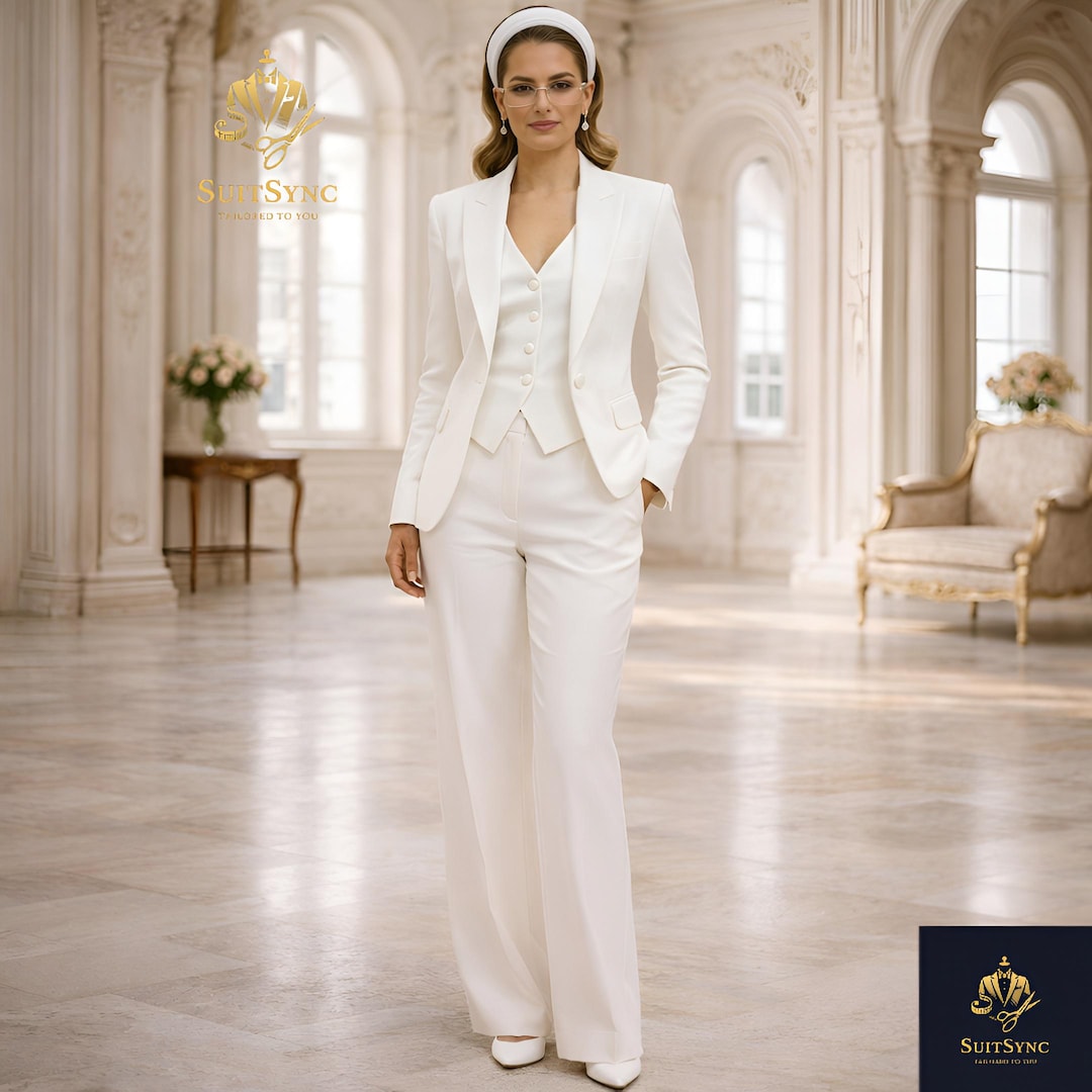 White Women Suit 3 Piece Wedding Bridal Tuxedo Vest Wide Leg Pants ...