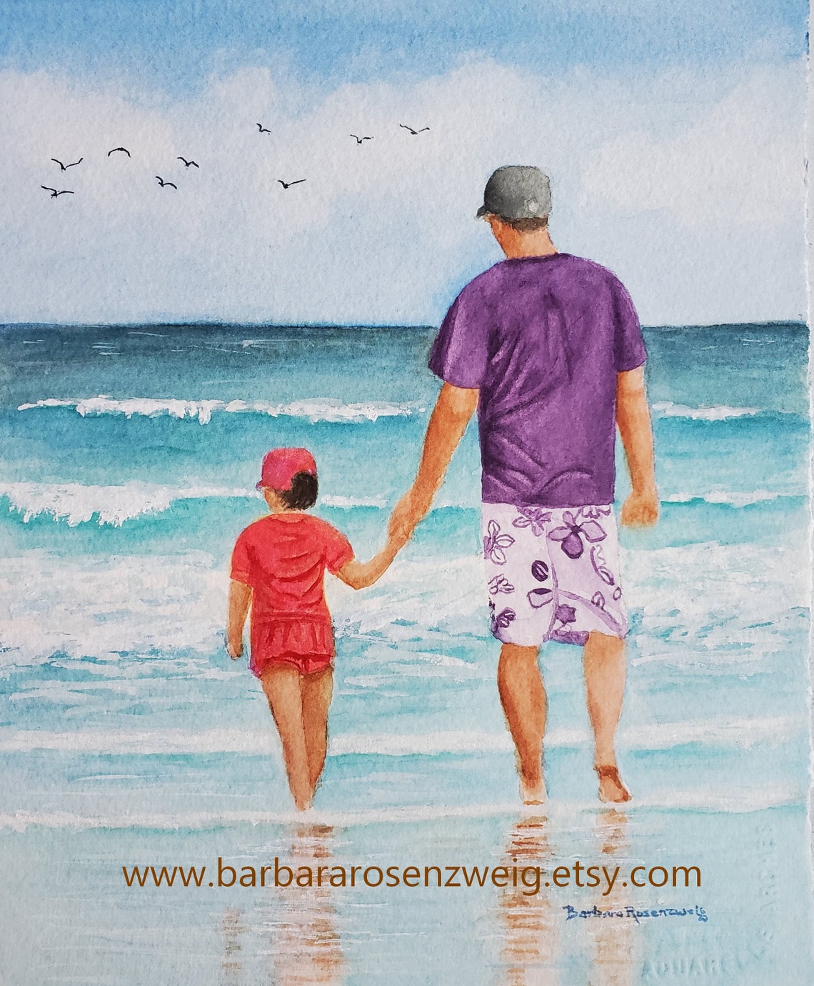 Beach Dad and Daughter Family Watercolor Painting Peaceful - Etsy