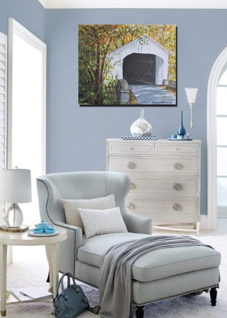 White Covered Bridge Watercolor Painting, Covered Bridge Wall Art ...