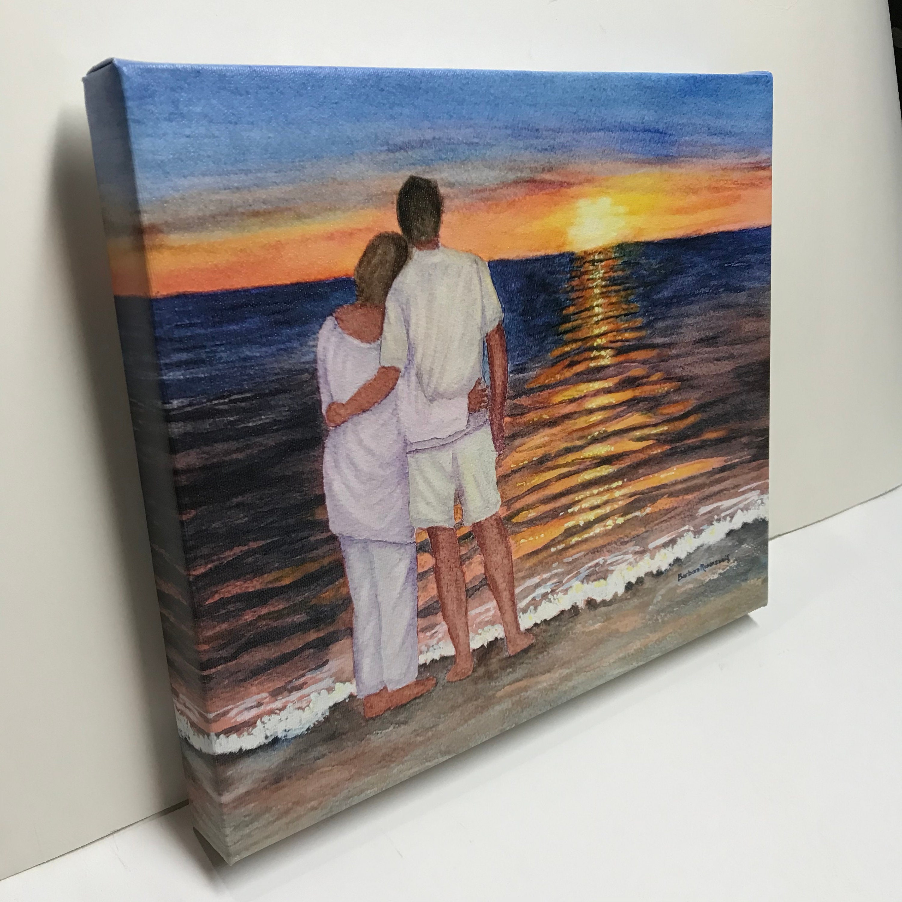 Romantic Sunset Beach Love Painting, Peaceful Coastal Décor Watercolor ...