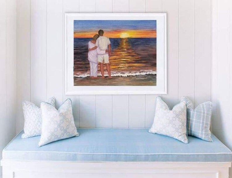 Romantic Sunset Beach Love Painting, Peaceful Coastal Décor Watercolor ...