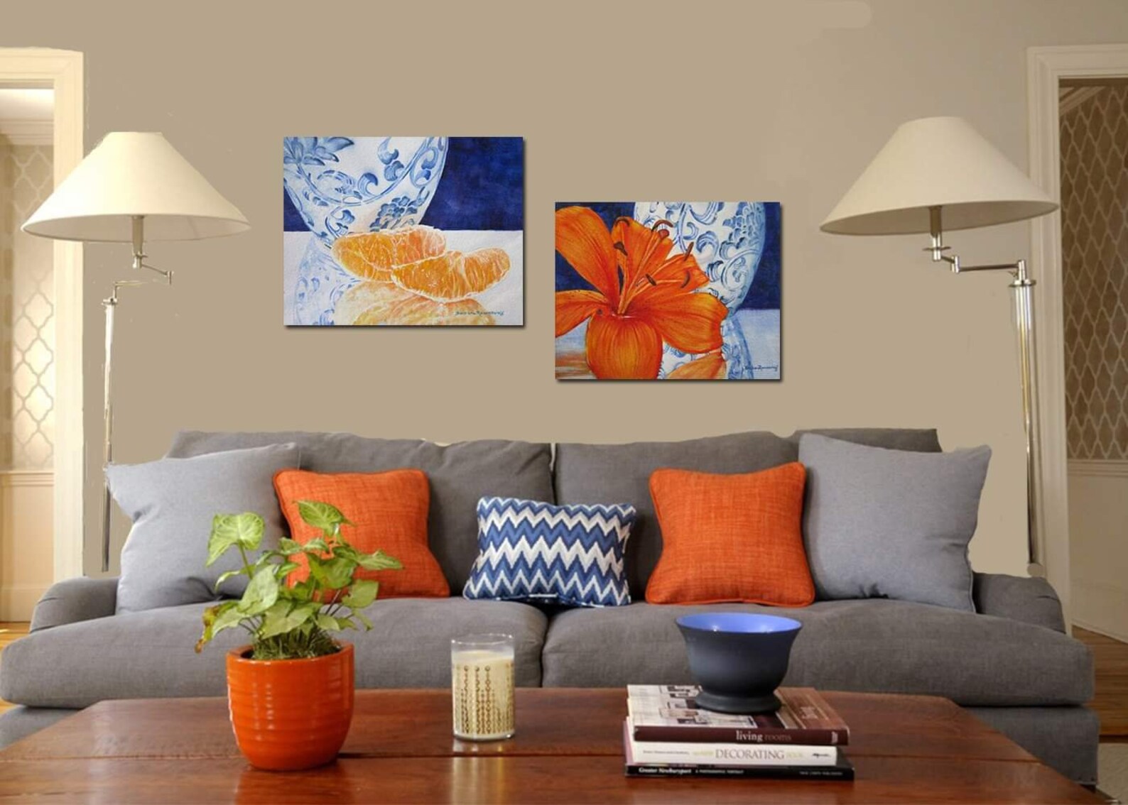 Kitchen Home Décor Blue Ming Vase & Orange Lily Flower Print - Etsy