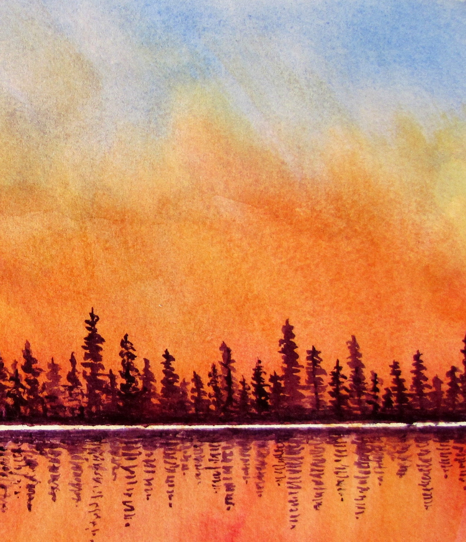 Sunset Original Watercolor Painting Sunset Pine Tree Wall - Etsy