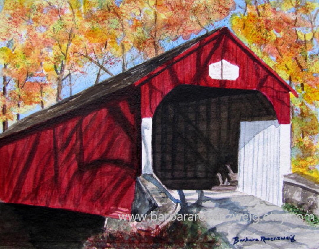 Red Covered Bridge Watercolor Painting, Americana Wall Art Décor ...