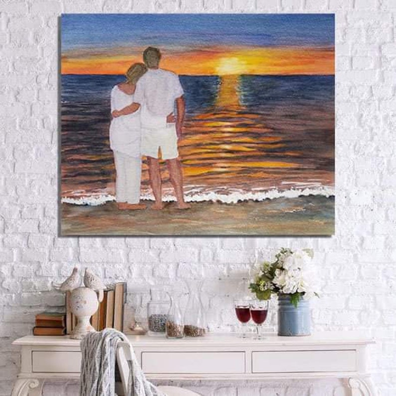 Romantic Sunset Beach Love Painting, Peaceful Coastal Décor Watercolor ...
