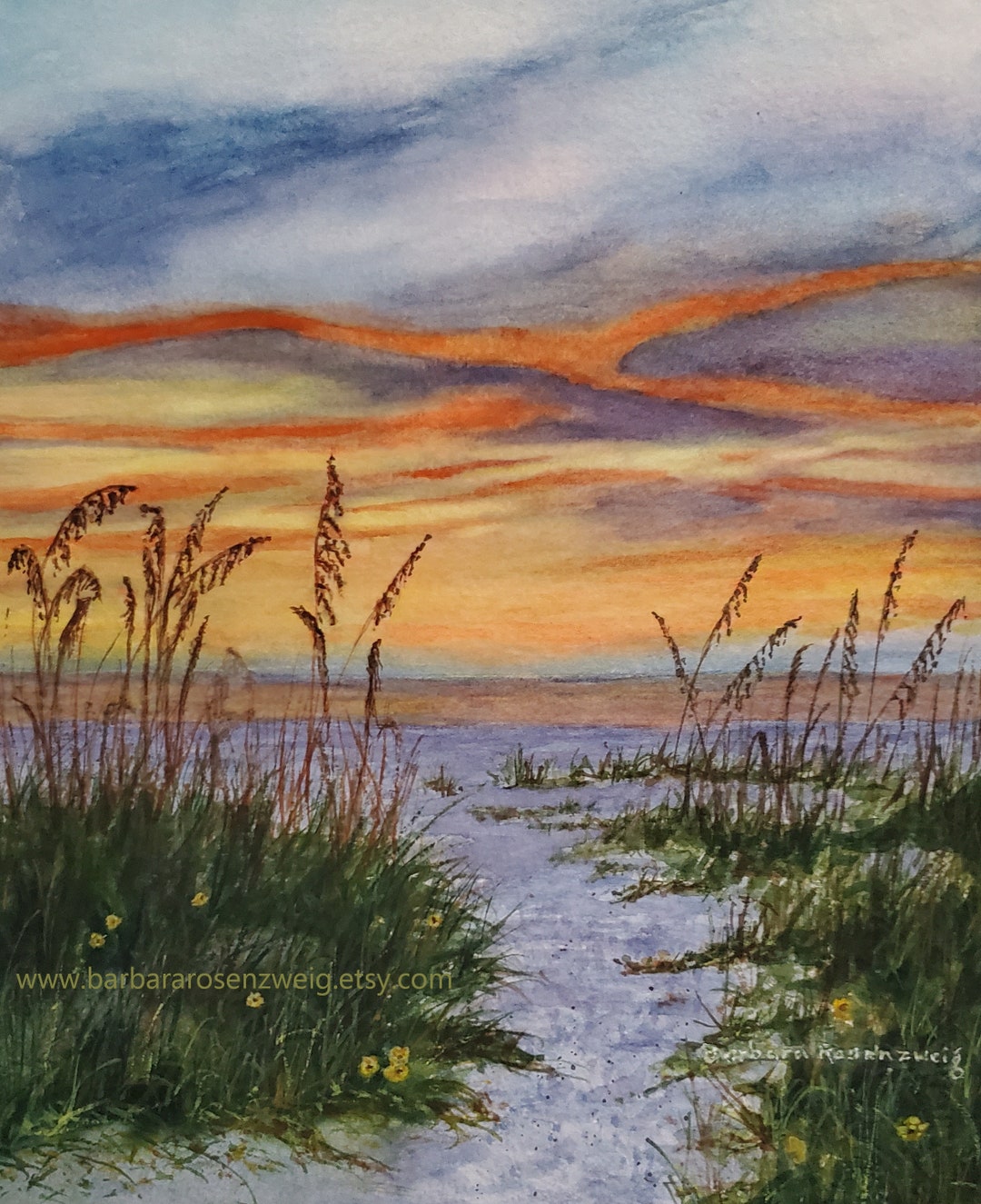 Sea Oats in Sunset Beach Path Watercolor Painting, Coastal Wall Art ...