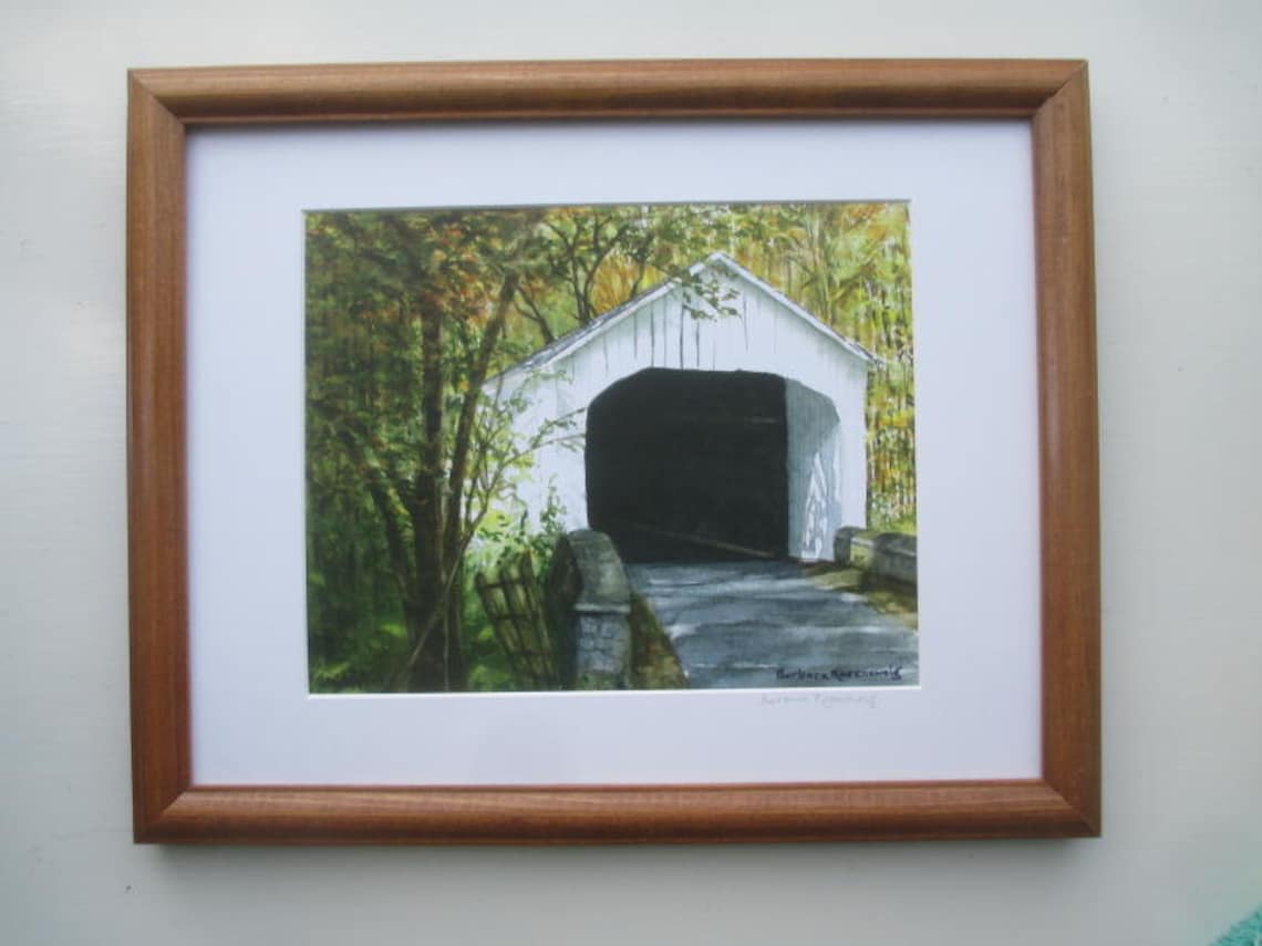 White Covered Bridge Watercolor Painting Covered Bridge Wall | Etsy