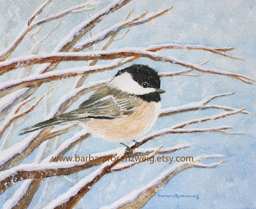 Winter Bird Landscape Painting, Chickadee in the Snow Watercolor Art ...
