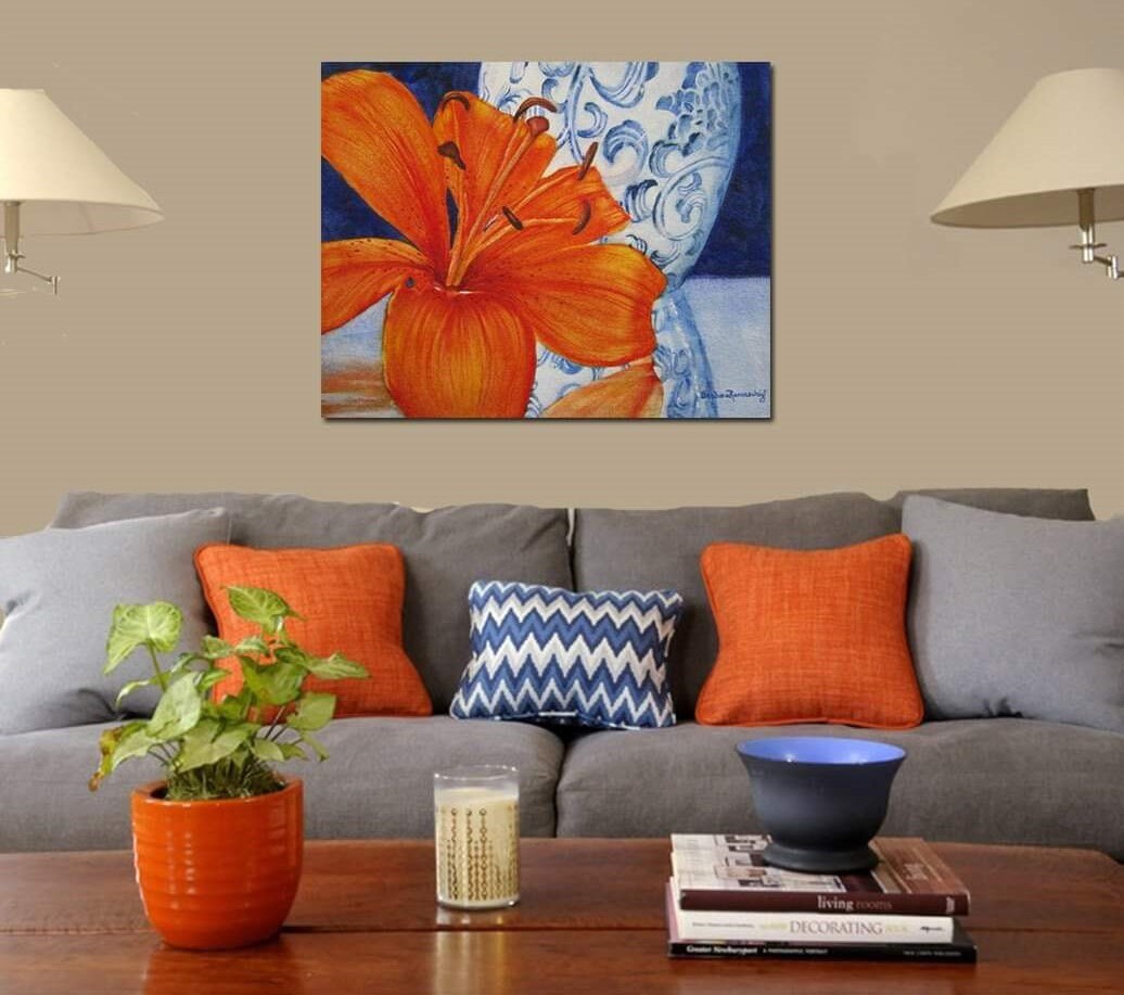 Kitchen Home Décor Blue Ming Vase & Orange Lily Flower Print - Etsy