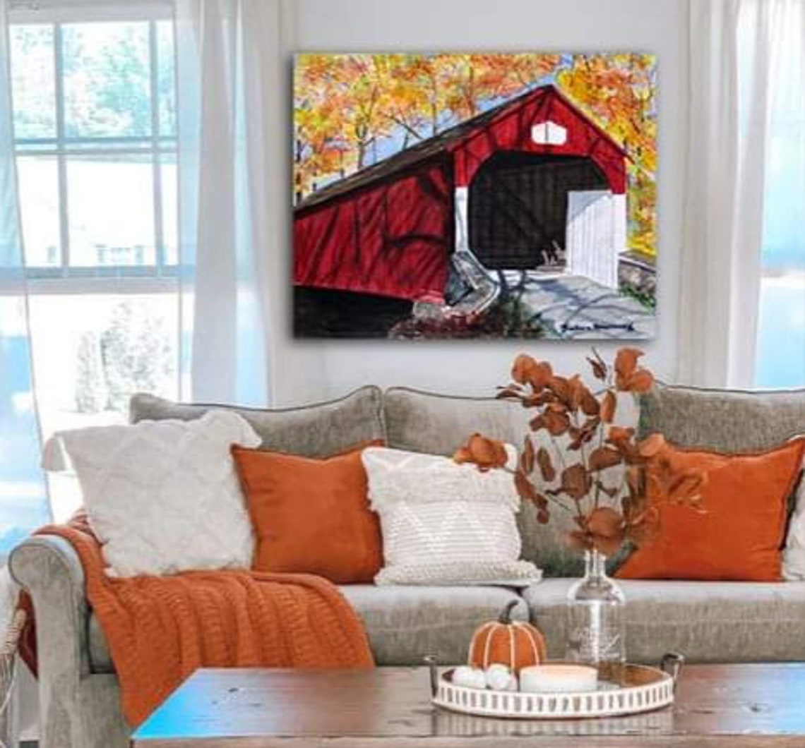 Red Covered Bridge Watercolor Painting Americana Wall Art - Etsy