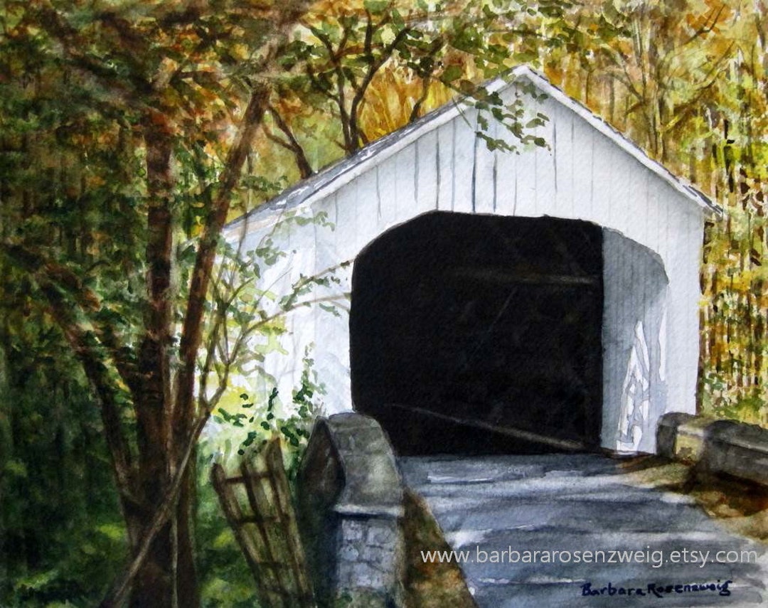 White Covered Bridge Watercolor Painting, Covered Bridge Wall Art ...