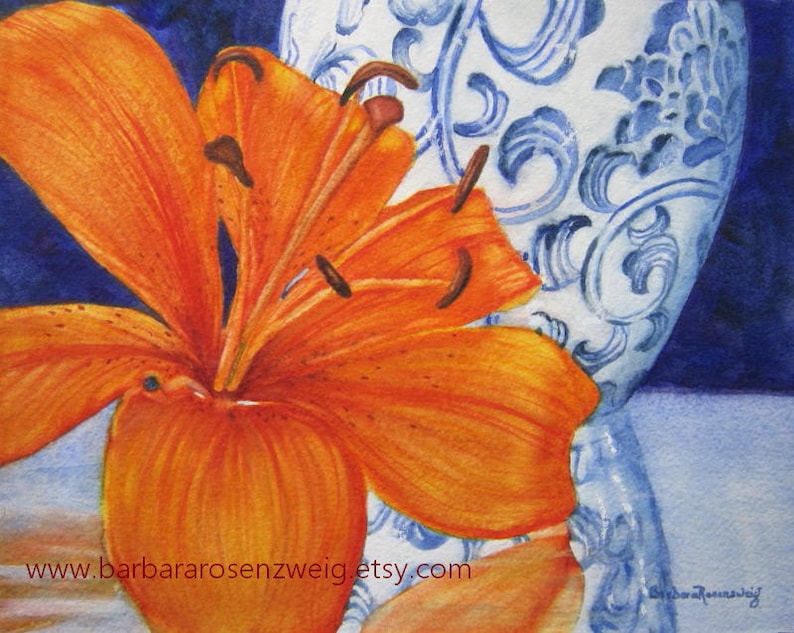 Kitchen Home Décor Blue Ming Vase & Orange Lily Flower Print - Etsy