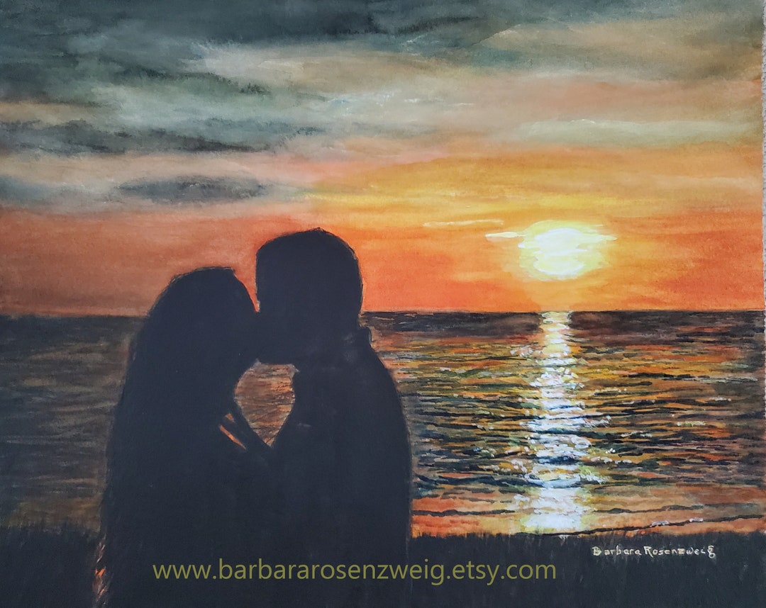 Romantic Sunset Watercolor Painting, Sunset Kiss, Timeless Love ...