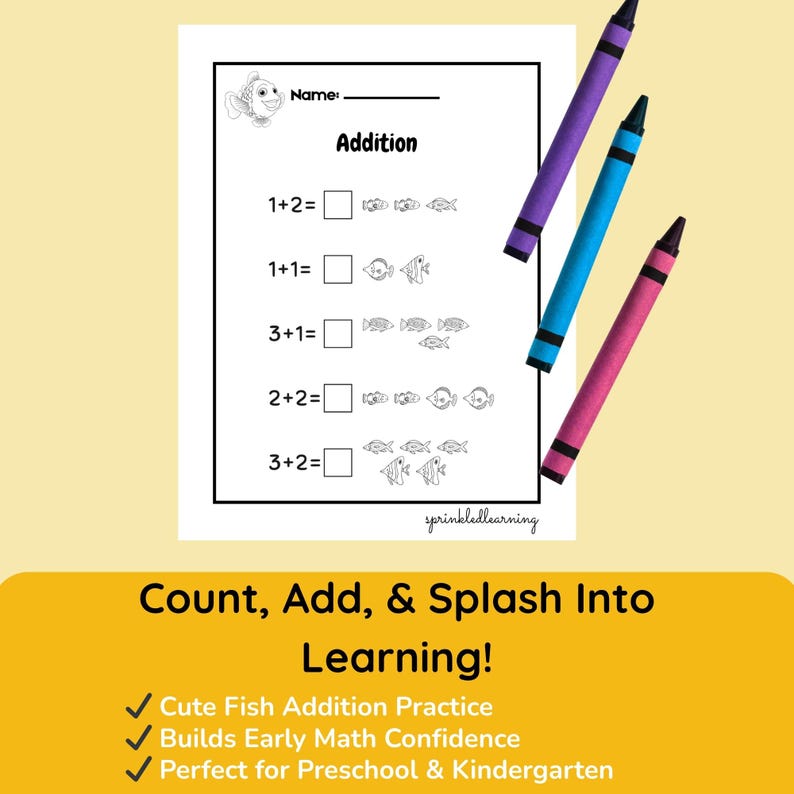 Addition Fish Worksheet for Kids PDF & PNG, Ocean Theme Preschool Math ...