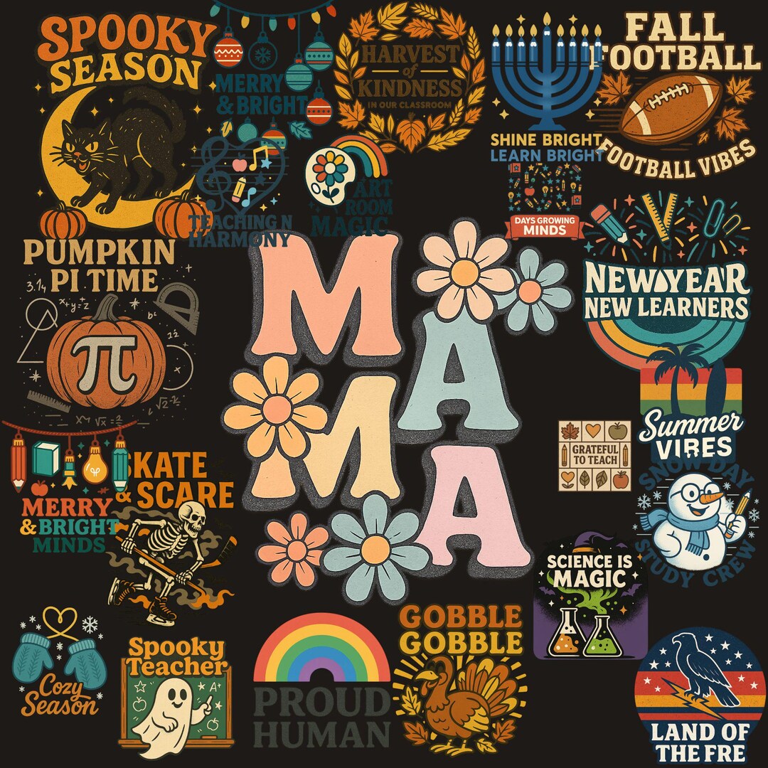 Retro Teacher Clipart PNG Bundle: Groovy Classroom Stickers, Shirts ...