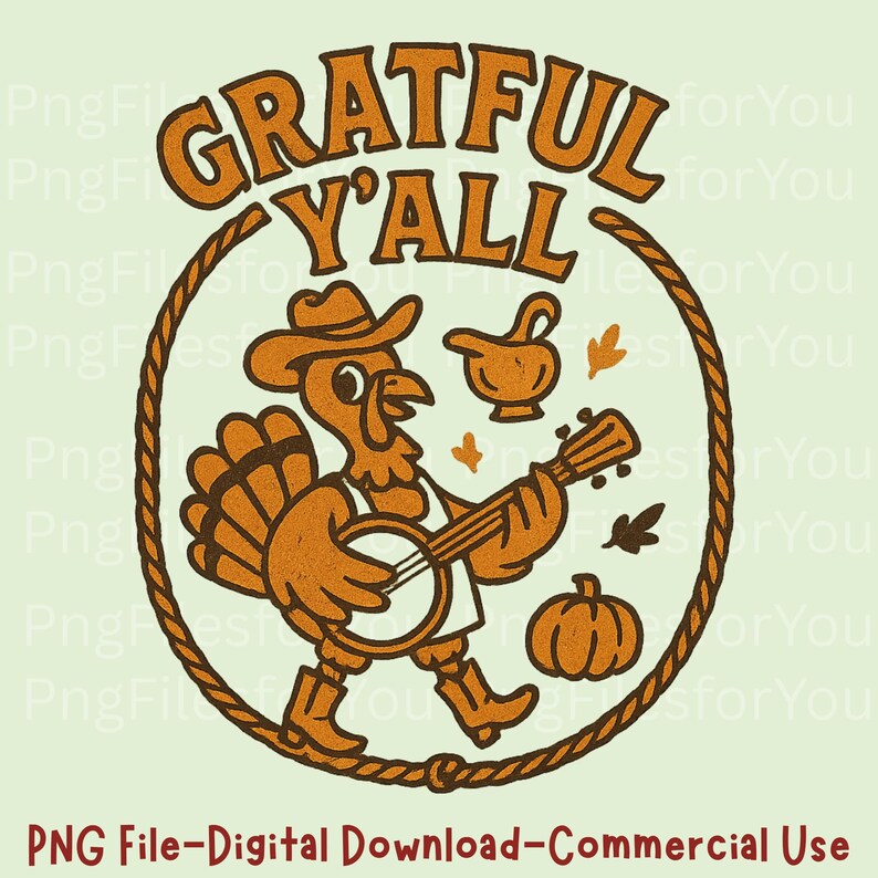 Grateful Y'all Thanksgiving PNG: Retro Turkey Banjo Clipart (digital ...