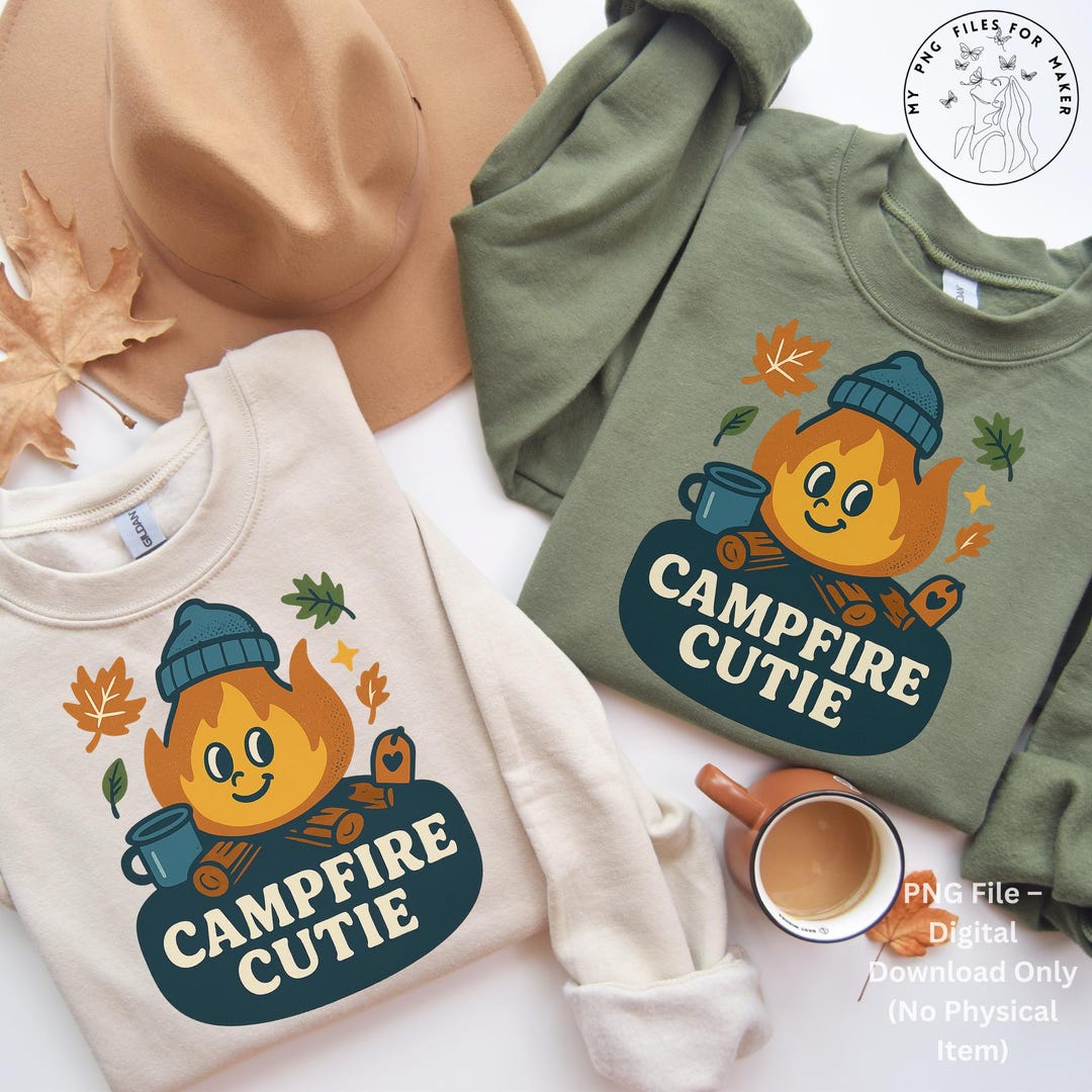 Campfire Cutie PNG | Cozy Camping Clipart With Beanie, Logs & Leaves ...
