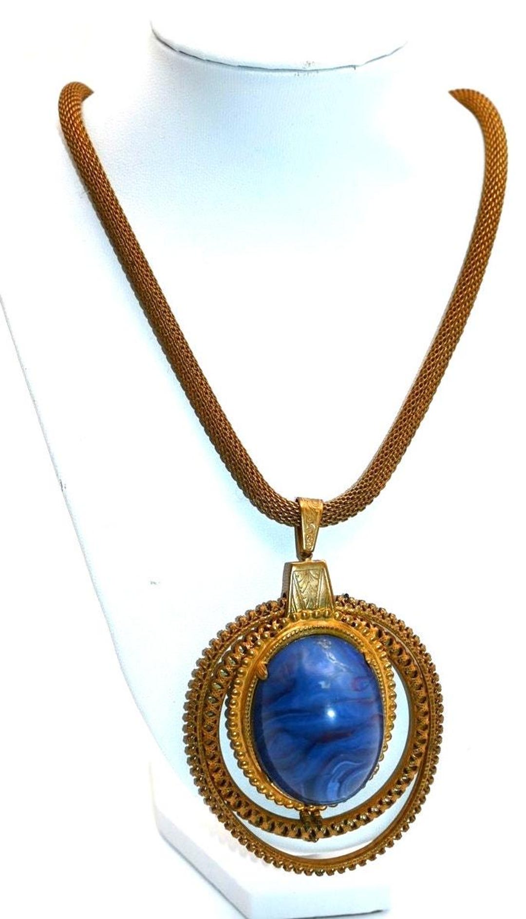 Signed Miriam Haskell 16–18” Blue Glass Cabochon Mesh Chain Vintage ...