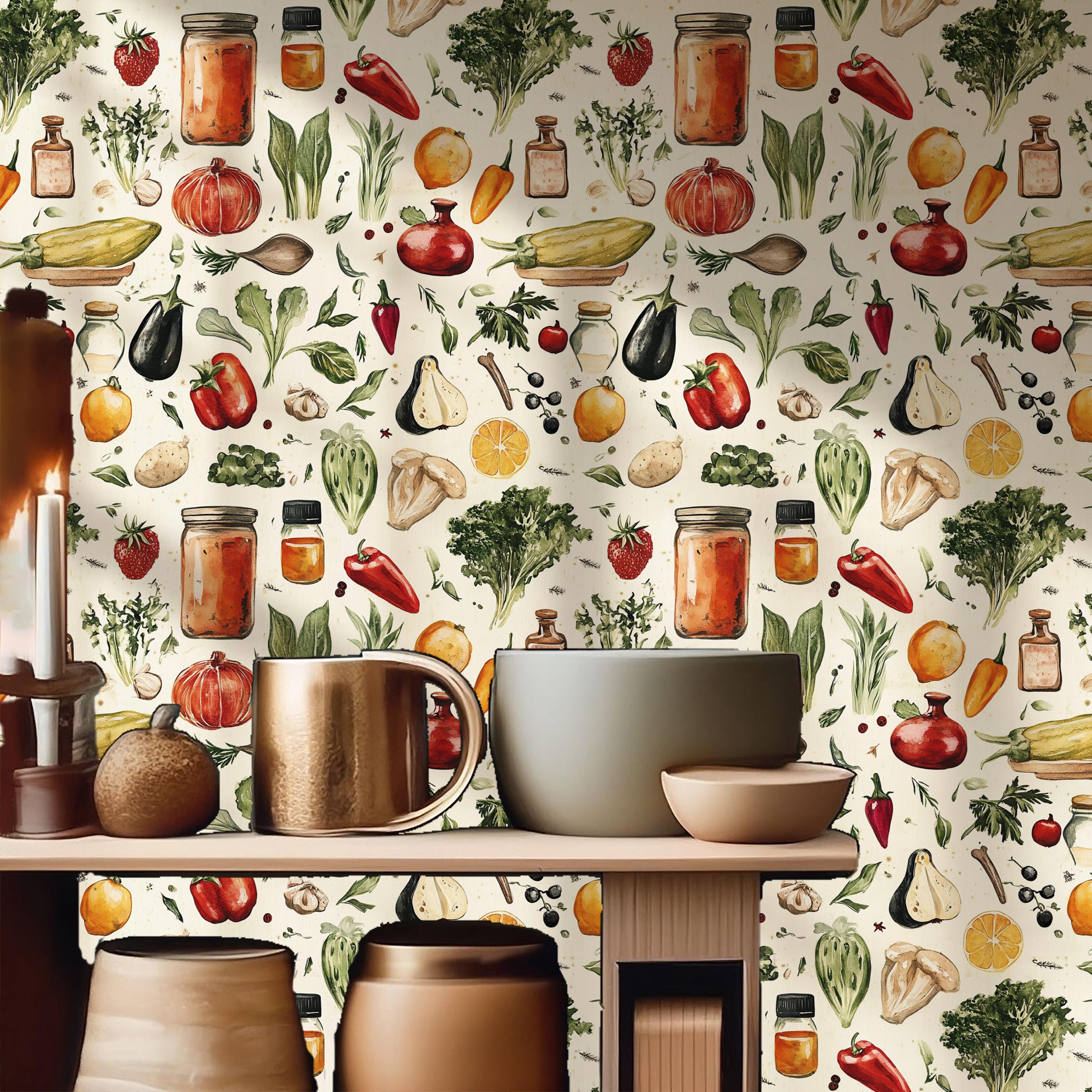 Vegetable Wallpaper: Farmhouse Kitchen Decor, Fruit & Veggie Garden ...
