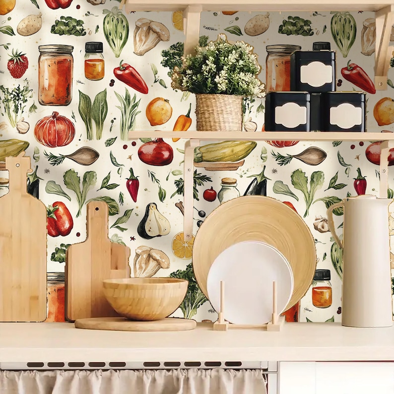 Vegetable Wallpaper: Farmhouse Kitchen Decor, Fruit & Veggie Garden ...