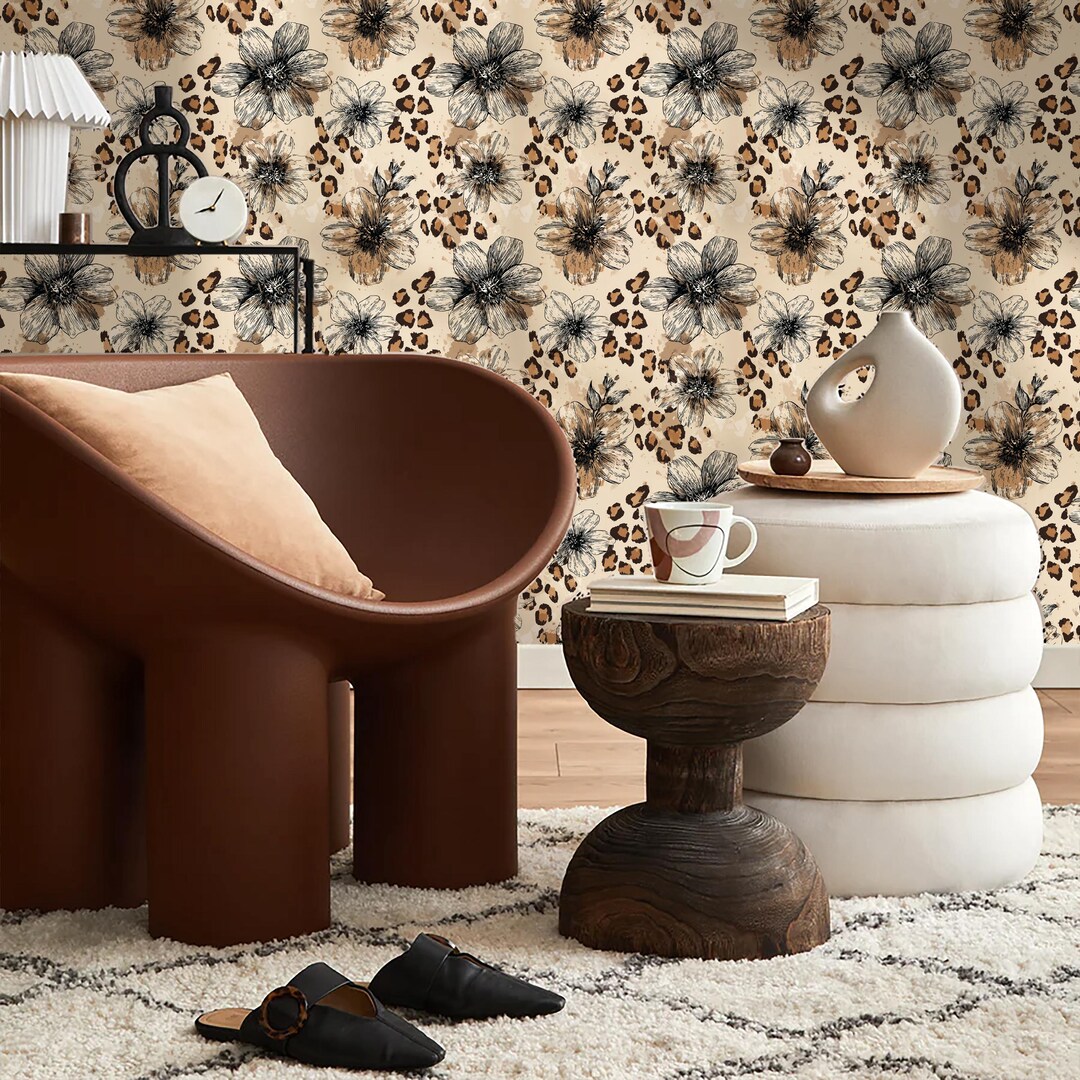 Floral Leopard Print Wallpaper: Boho Chic Peel and Stick Wall Mural - Etsy