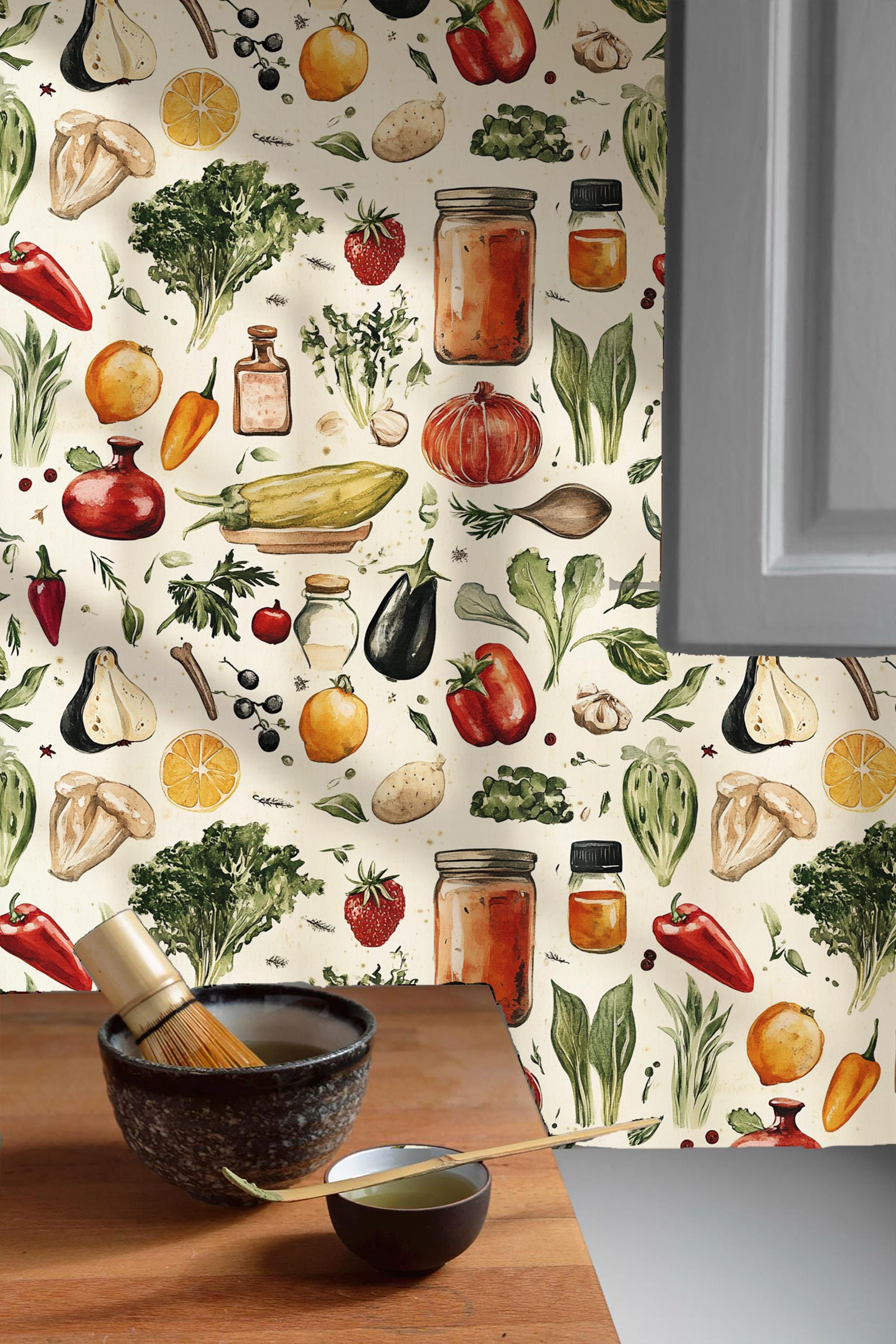 Vegetable Wallpaper: Farmhouse Kitchen Decor, Fruit & Veggie Garden ...
