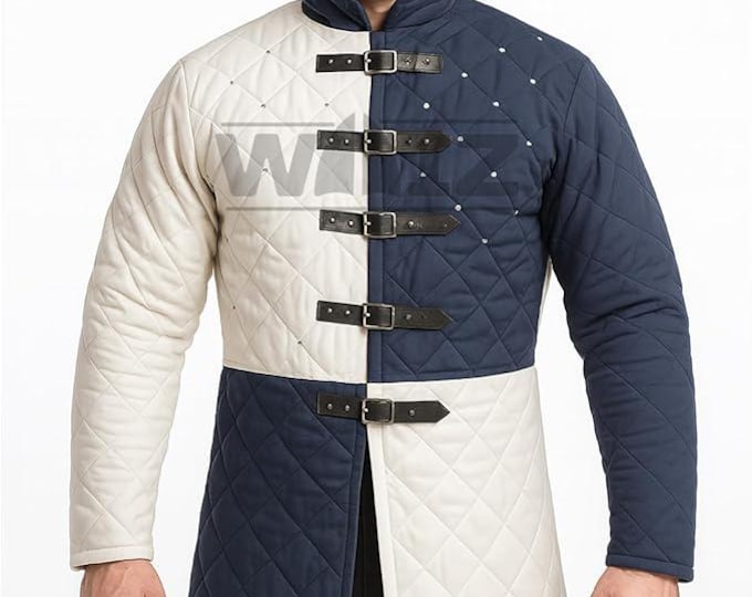 Medieval Quilted Gambeson – Navy Blue & White Two-tone Padded Armor ...