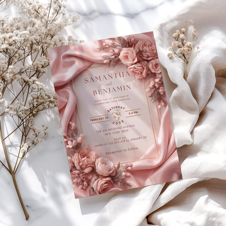 Pink Wedding Invitation Templates, Editable Elegant Floral Wedding ...