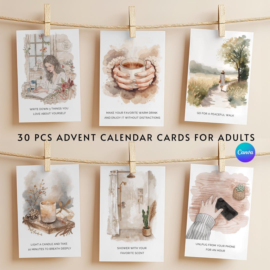 Adult Advent Calendar Cards, Self-care Prompts, Printable Canva ...