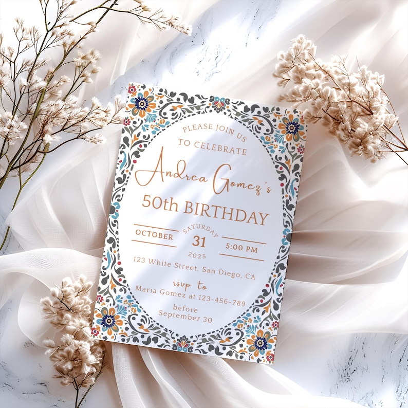 Papel Picado Birthday Invitation, Talavera Fiesta, Editable Canva ...