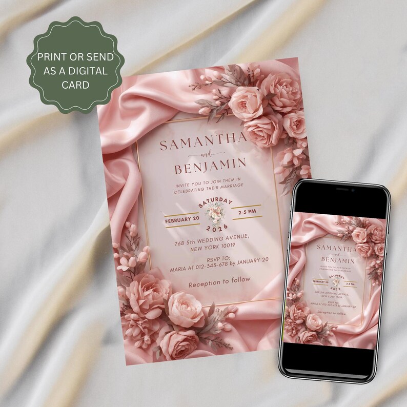 Pink Wedding Invitation Templates, Editable Elegant Floral Wedding ...